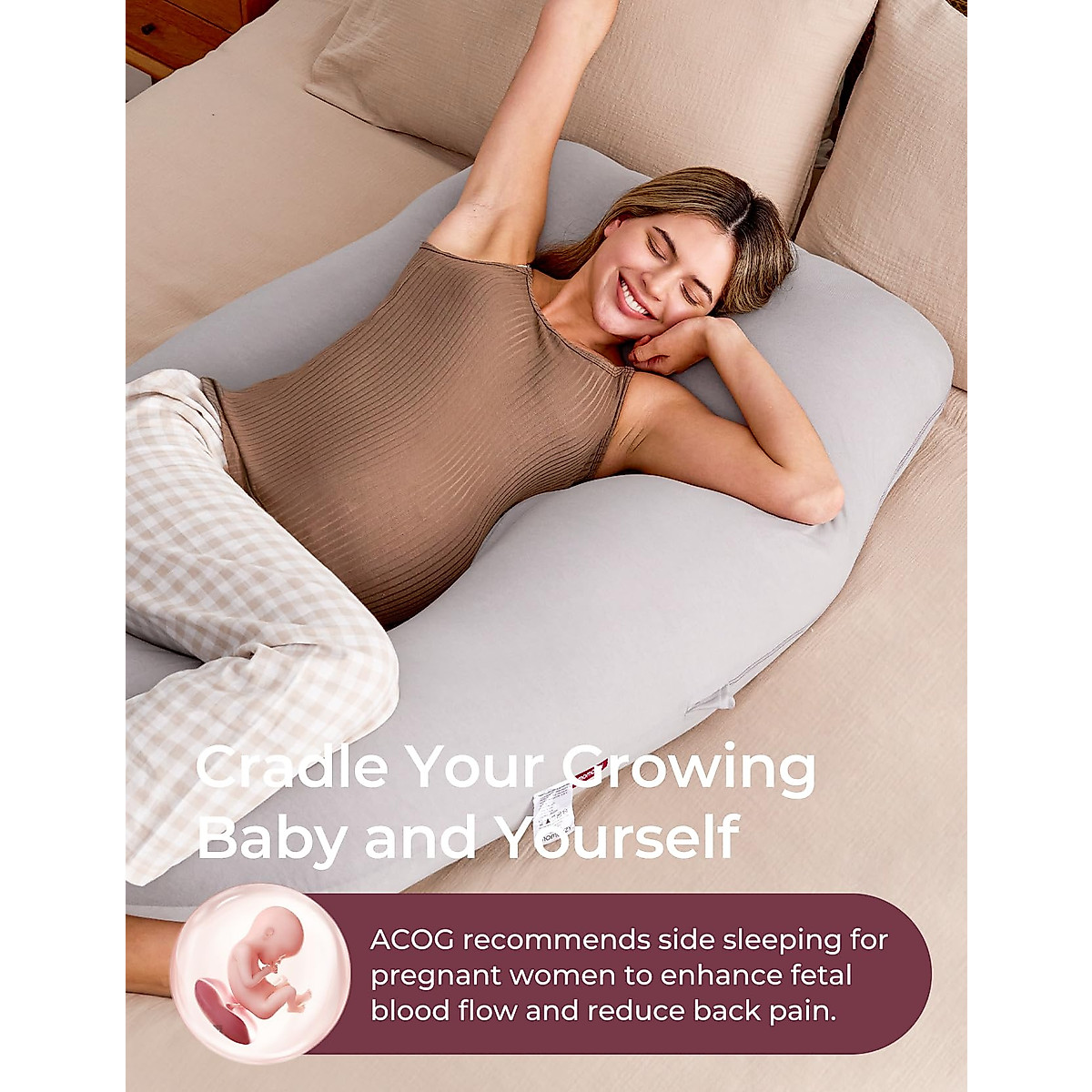Momcozy Pregnancy Pillows for Sleeping, U Shaped Full Body Pillow for Pregnancy Women with Removable Jersey Cotton Cover, 57 Inch Maternity Pillow, Grey