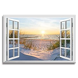 Woxfcart Window Beach Picture Canvas Wall Art Ocean Sunset Decor Yellow Natural Landscape with Framed 36x24