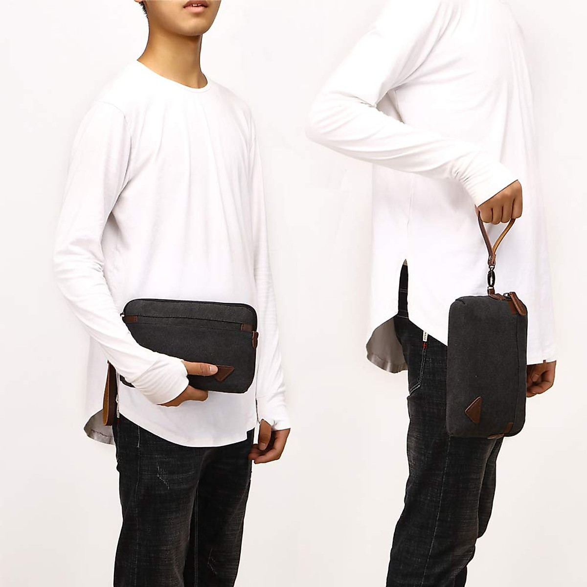 Canvas Wristlets Bag Large Clutch Bag Wallet Purse Zipper Pouch Handbag Organizer with Leather Strap Wristlet Purse for Men (Black)