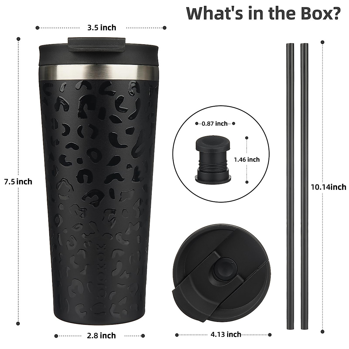 BJPKPK 22oz Insulated Tumbler With lid And Straw Stainless Steel Tumblers Travel Coffee Mug Reusable Thermal Cup,Black Leopard