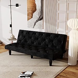 Anwickmak Velvet Convertible Futon Sofa Bed, Mid Century Green Fabric Couch, Sleeper Loveseat with Golden Metal Legs, Couches for Small Spaces (Black)