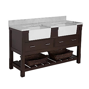 Charlotte 60-inch Double Farmhouse Bathroom Vanity (Carrara/Chocolate): Includes Chocolate Cabinet with Authentic Italian Carrara Marble Countertop and White Ceramic Apron Sinks
