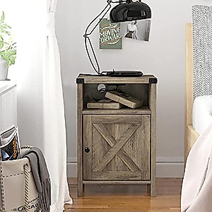 Farmhouse Nightstand Set of 2 with Charging Station,Industrial Bedside Table with Storage Living Room Bedroom Side Table End Table with Barn Door,Grey