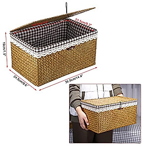 Hipiwe Wicker Storage Basket Bin with Removable Fabric liner and Lid, Woven Seagrass Shelf Baskets Box Rectangular Household Organizer Bin for Shelf Closet Home Decor, Large 14.4"x9.6"
