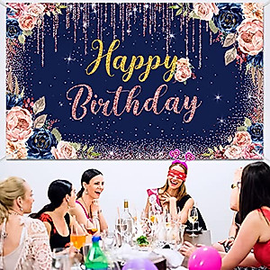 Happy Birthday Backdrop Decorations for Women Background Party Supplies Rose Backdrop Photography for Girls Boys Floral Glitters Banner Wedding Baby Shower Decor (Navy Blue)