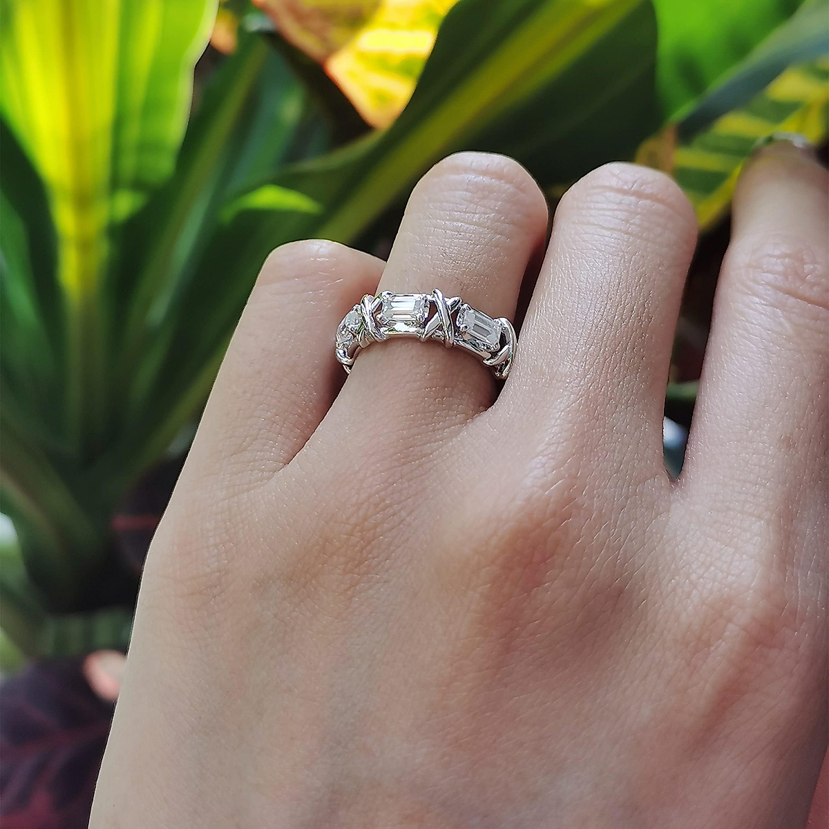 DovEggs Emerald Cut Moissanite Wedding Band 3.5CTW Total 3x5mm GHI Color Moissanite Lab Grown Diamond Engagement Ring Full Eternity Wedding Ring 14K Gold QUALITY Sterling Silver for Women（5.5）