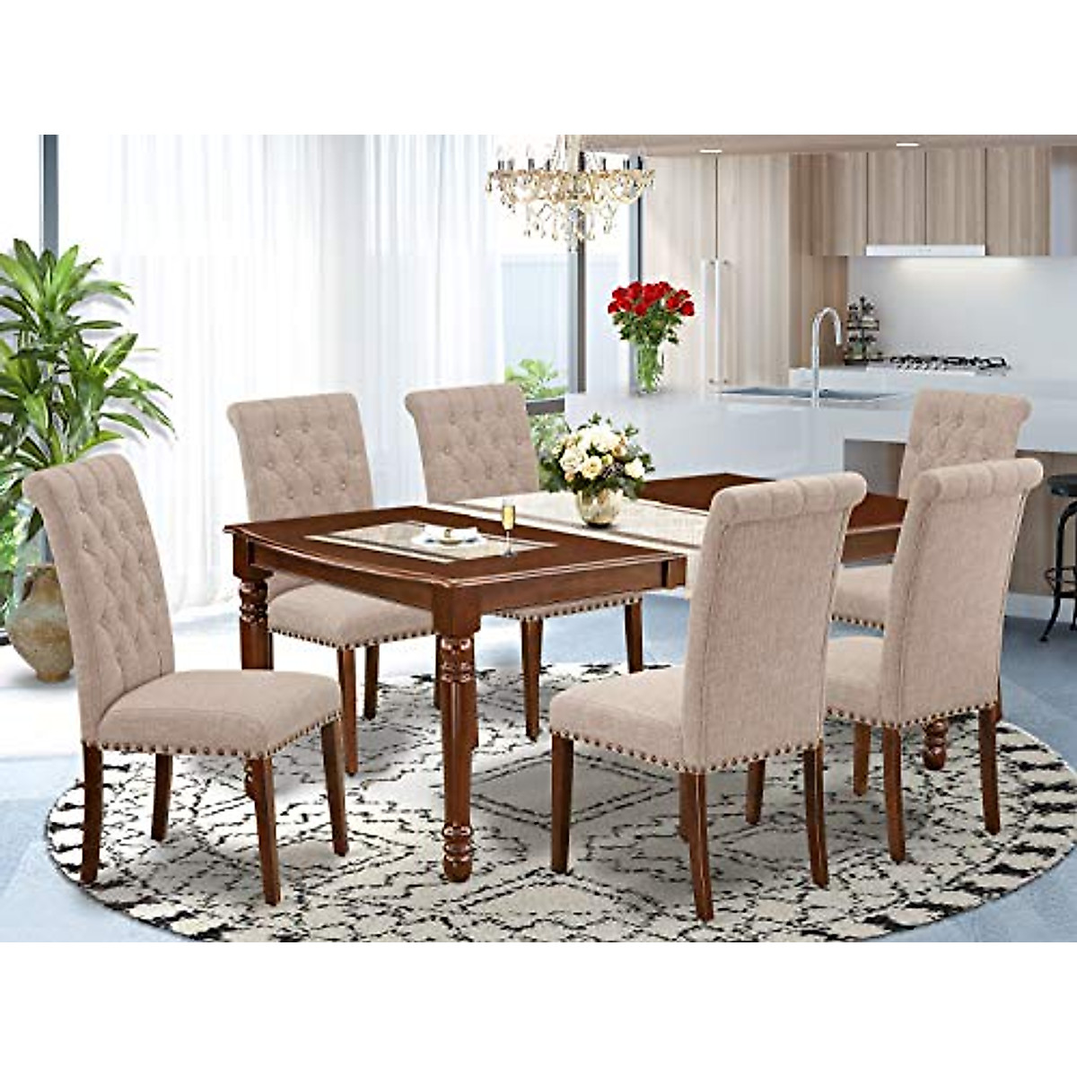 East West Furniture DOBR7-MAH-04 Nook Kitchen Set-Light Fawn Linen Fabric Button-tufted Parsons Chairs-Mahogany Finish 4 legs Hardwood Butterfly Leaf Rectangular Wood Dining Table and Frame, 7-Pc