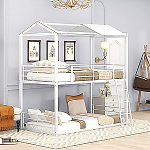 EMKK Twin Over Twin Metal Bunk Bed,House Shaped Low Bunk Beds w/Safety Guardrail & Ladder,Twin Over Twin Bunk Beds for Kids Girls Boys Toddlers,Metal House Bunk Bed Frame with Ladder