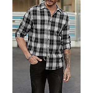 JMIERR Mens Flannel Shirt Fall Fashion 2024 Long Sleeve Casual Button Down Cotton Plaid Dress Shirts, US 40(M), Black