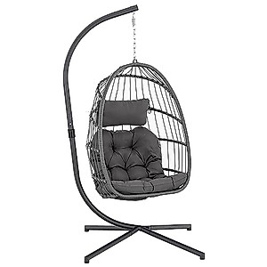 Yechen Indoor Outdoor Egg Hanging Chair with Stand, Patio Wicker Swing Egg Chair Indoor Swinging Chair Outdoor Hammock Egg Chair 350lbs Capacity for Patio Bedroom Balcony, Charcoal Grey (EG-001)