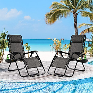 Tangkula Zero Gravity Chair, Folding Patio Lounge Chair Adjustable Outdoor Recliner with Cup Holder, Wide Armrest for Patio Garden Poolside Outdoor Yard Beach, Support 350 lbs (1, Grey)
