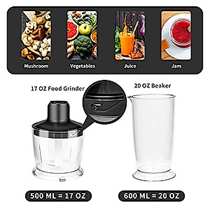 Soonye Immersion Hand Blender, Multifunctional 5-in-1 304 Stainless Stick Blender With 500ml Food Grinder, 600ml Container, Milk Frother, Egg Whisk, BPA-Free, black