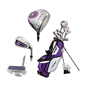 Precise M5 Ladies Womens Complete Right Handed Golf Clubs Set Includes Titanium Driver, S.S. Fairway, S.S. Hybrid, S.S. 5-PW Irons, Putter, Stand Bag, 3 H/C's Purple (Right Hand Petite Size -1")