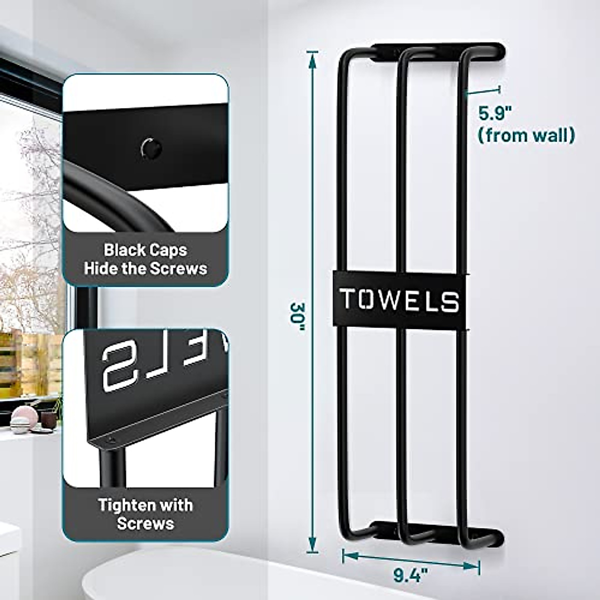 Towel Racks for Bathroom Wall Mounted, Upgrade 3 Bar Towel Storage for Small Bathroom, Bath Towel Storage, Wall Towel Rack for Rolled Towels, Towel Organizer for Bathroom, Metal Towel Holder, Black