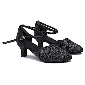 MSMAX Womens Latin Dance Shoe Mid Heel Glitter Party Dancing Sandals Black 10 M US Women