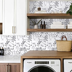 Orainege Gray Floral Wallpaper Peel and Stick Wallpaper Self Adhesive Floral Contact Paper Waterproof 17.7 inch×118.1inch Removable Wallpaper for Bedroom Bathroom Cabinets Decor