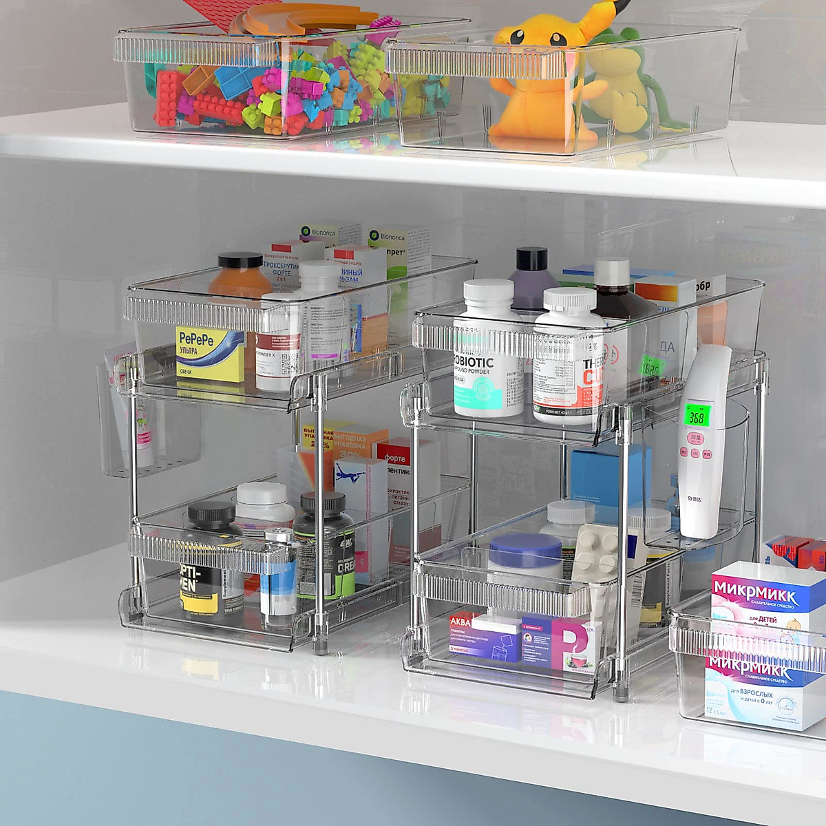 2 Tier Clear Organizer with Dividers, Multi-Purpose Pull Out Storage Container with Hanging Cups, Clear Under Sink Organizers, Bathroom Kitchen Pantry Storage, Medicine Cabinet Organizer(2 SET)