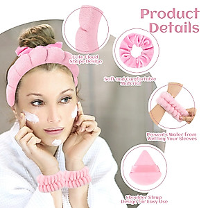 Araluky Spa Headband Set, 7Pcs Puffy Terry Cloth Headband and Wristband for Skincare, Makeup, Yoga, Shower, Spa Party, Sleepover Party, Pink