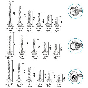OIZEN 410PCS 410 Stainless Steel Self Drilling TEK Screw Assortment Kit (Silver),Hex Washer Head & Wafer Head Screws,Multiple Length