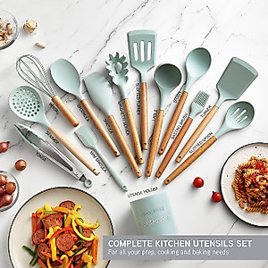 Country Kitchen Silicone Cooking Utensils, 14 Pc Kitchen Utensil Set, Easy to Clean Wooden Kitchen Utensils, Cooking Utensils for Nonstick Cookware, Kitchen Gadgets and Spatula Set