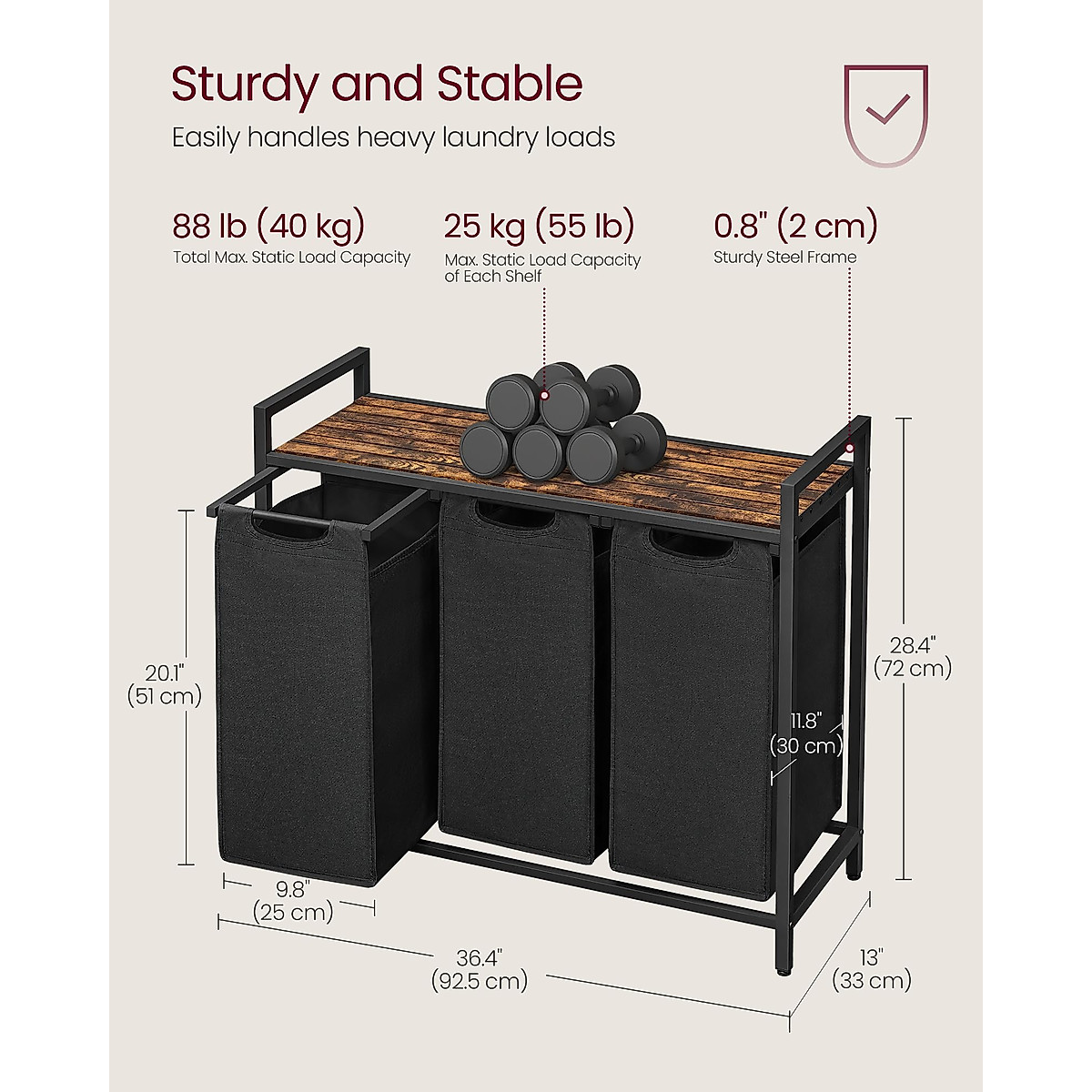 VASAGLE Laundry Hamper, Laundry Basket, 3 × 38L Laundry Sorter with 3 Bags, 1 Storage Shelf, Rustic Brown and Black UBLH301B01