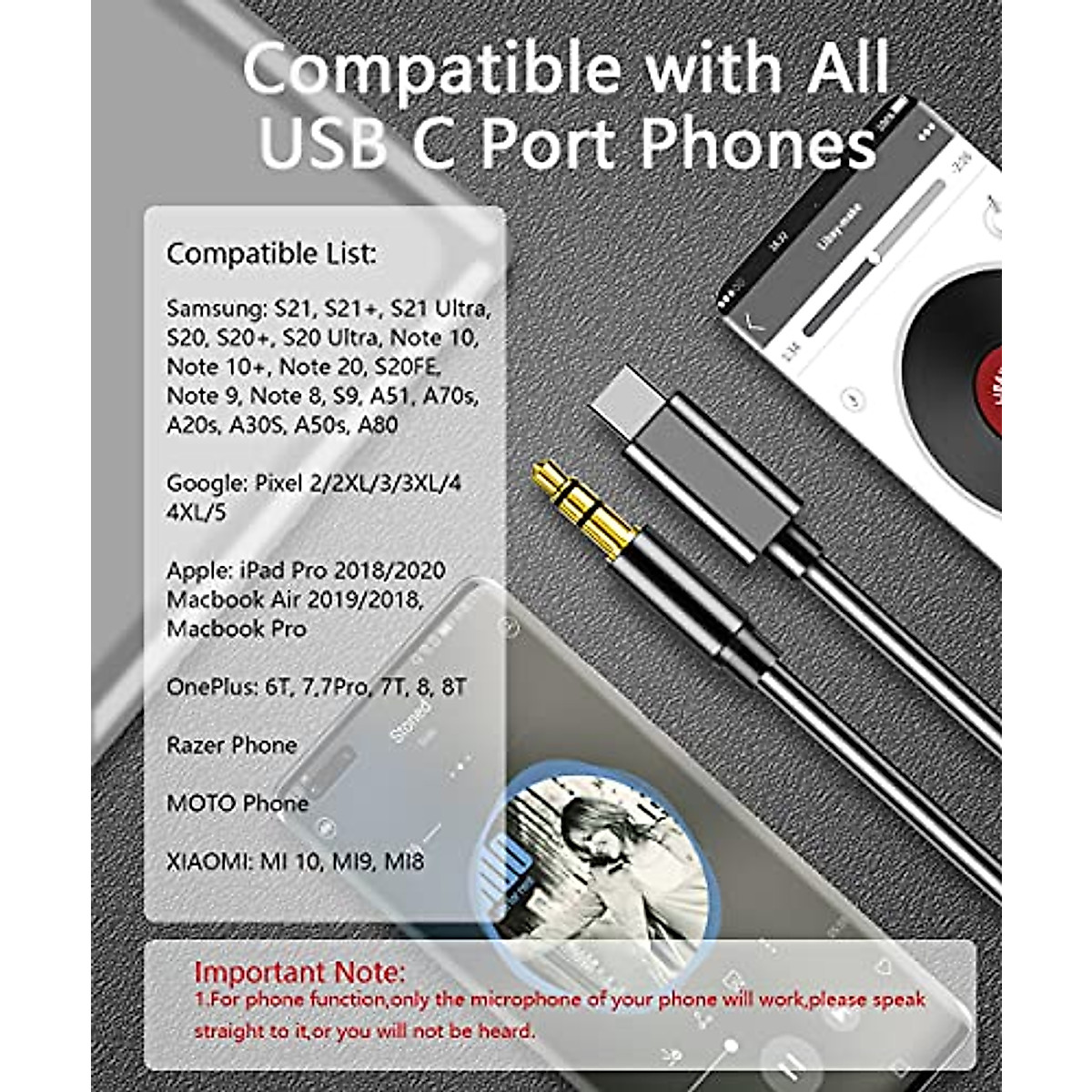 USB C to 3.5mm Audio Aux Cable, USB C to 3.5mm Headphone Audio Stereo Cord Car Aux Cable Compatible with Google Pixel 7/7Pro/6/5/4/4XL/3XL, Galaxy S23/S23 Ultra/S22+/S21/S21+/S21FE/Note 20/Note 10+