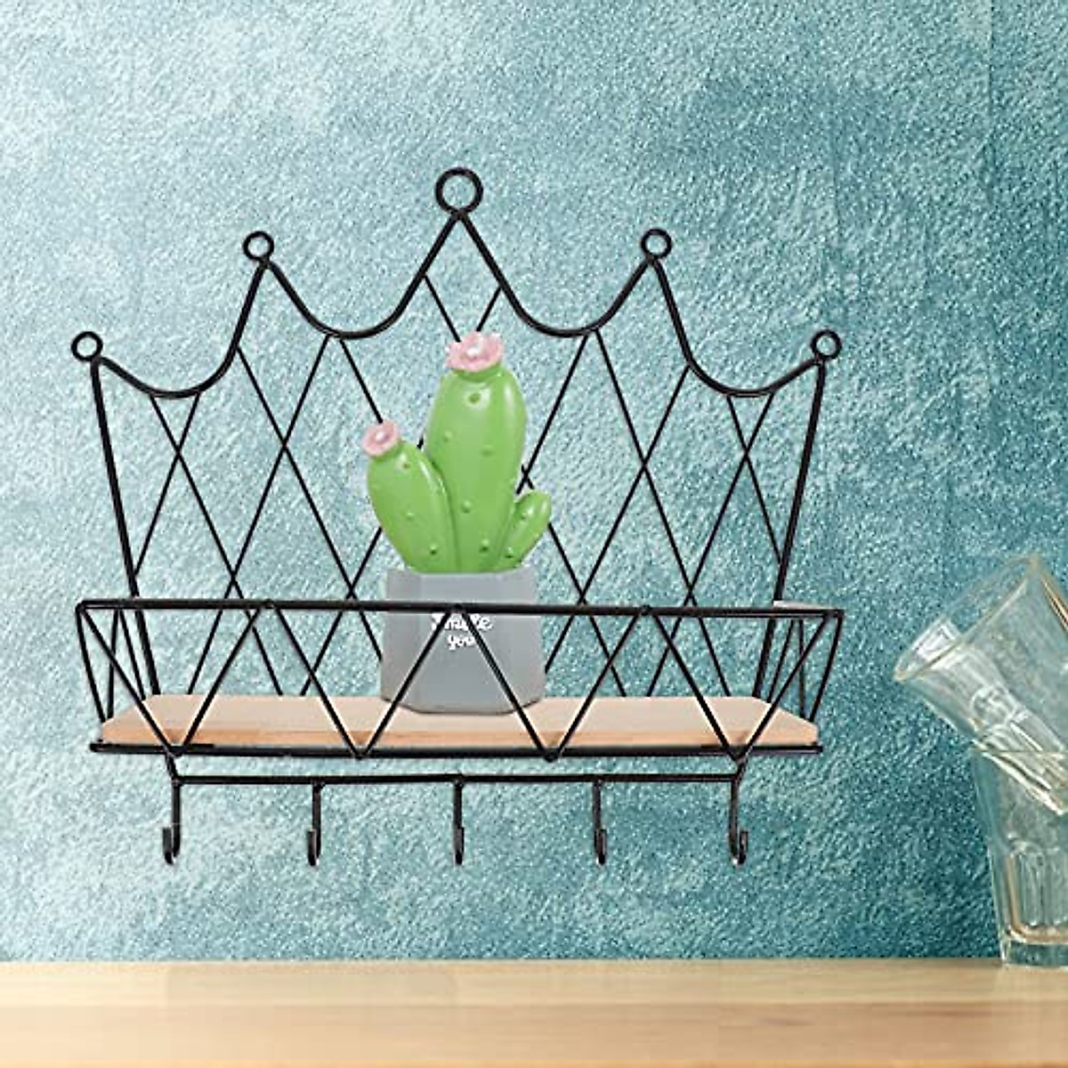 Garneck Rustic Floating Shelves Crown Shaped Wall Shelf Wrought Iron Entryway Key Holder Wall Organizer Sculpture Vase Storage Rack for Home Office