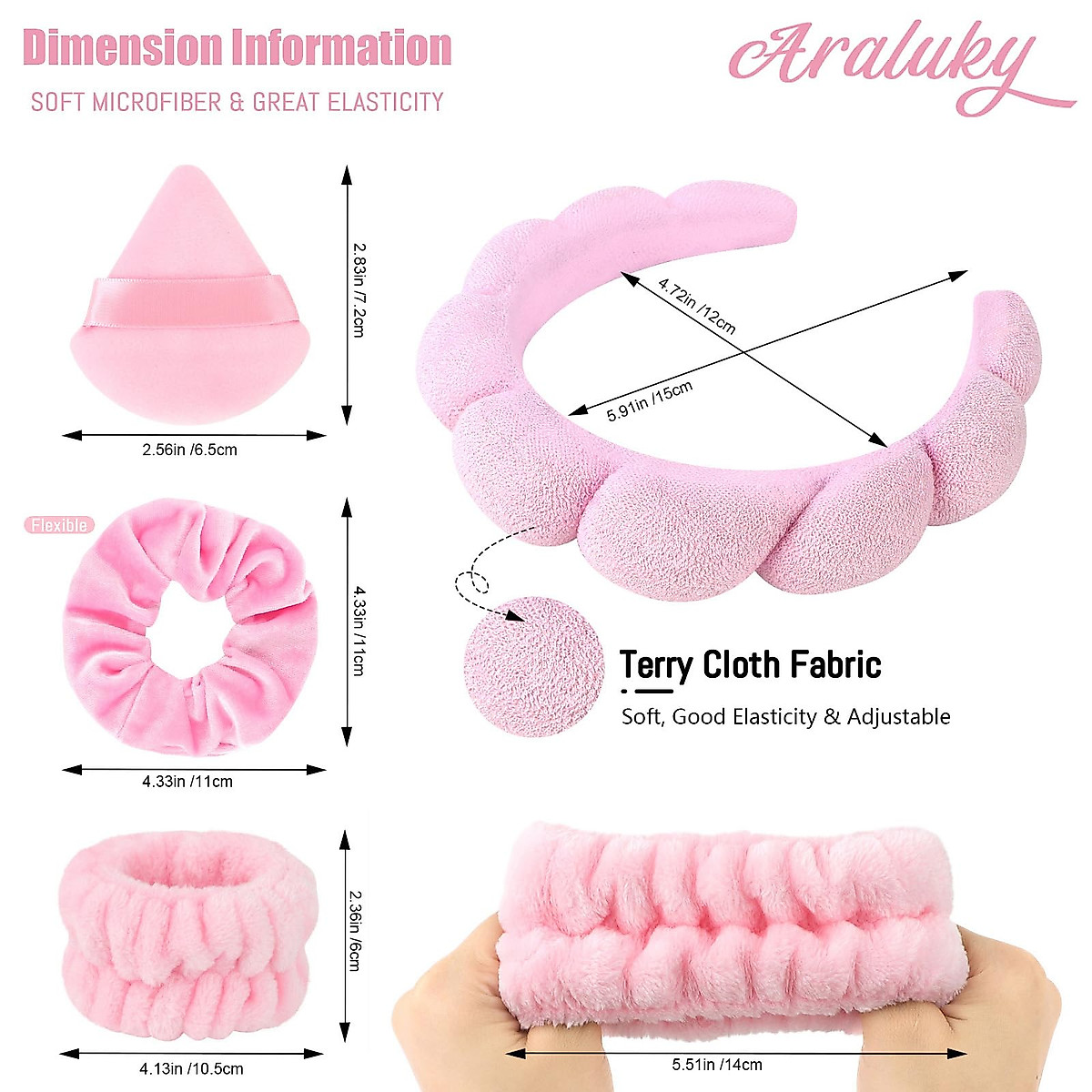 Araluky Spa Headband Set, 7Pcs Puffy Terry Cloth Headband and Wristband for Skincare, Makeup, Yoga, Shower, Spa Party, Sleepover Party, Pink