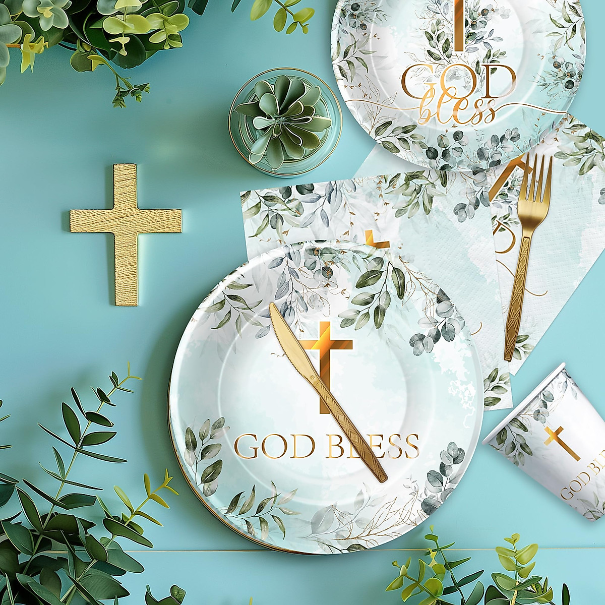 Suhelkit First Communion Decorations Tableware Boy - God Bless Baptism Plate, Cup, Napkin, Tablecloth, Cutlery, Mi Bautizo Eucalyptus Leaves Sage For Christening Baby Shower Religious Party | Serve 24