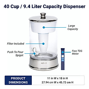 ZeroWater ZBD-040-1, 40 Cup Ready-Pour Glass 5-stage Water Filter Dispenser, NSF Certified to Reduce Lead, Other Heavy Metals and PFOA/PFOS, Clear Glass With Chrome Stand