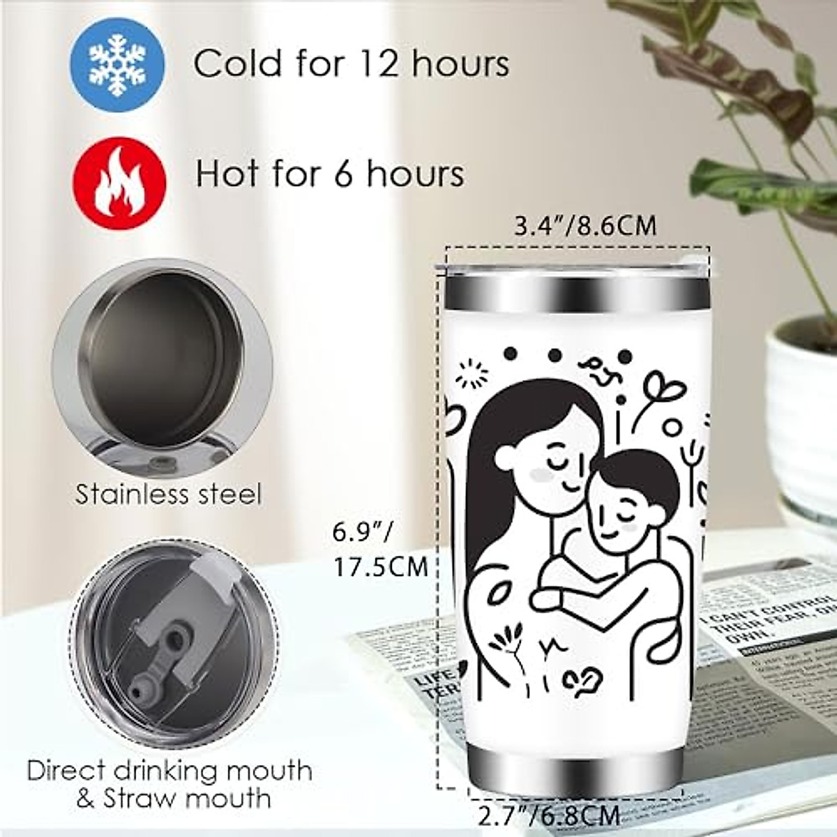 FOCIUZTA 20oz Charming Hand-Drawn Mother and Child with Floral Design Tumbler with lid, Travel Coffee Cup, Ideal for Easter, Mother Day, and birthday gifts