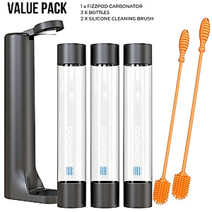 Fizzpod Home Soda Maker Sparkling Water Carbonator With 3 Bottles and 2 Bottle Brushes (Black)