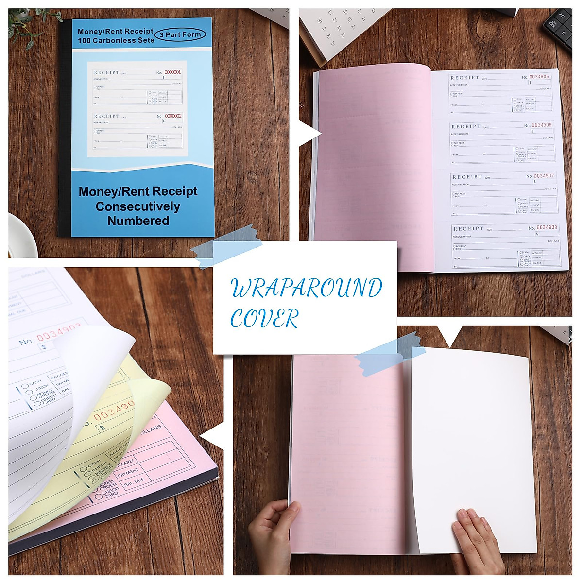 Crtiin 10 Books Money and Rent Receipt Book 3 Part Carbonless Receipt Book with Carbon Copies 7-5/8" x 10-7/8" Bound Cover Receipt Log Book 100 Sets Per Book 4 Receipts Per Page