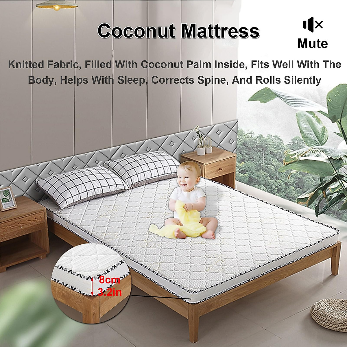 Enchantia 3.2in Coir Mattress Thickening, Natural 3E Coconut Firm Mattress Contains 6cm Coconut Palm Inner Core, Moderately Soft and Hard, Seamless Foldable Mattress for All Ages Queen Mattress