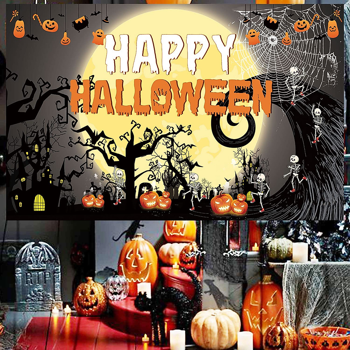 Famoby Happy Halloween Theme Fabric Sign Poster Banner Backdrop with Pumpkin,Ghouls, bat,spide,Moon for Halloween Photo Booth Background Party Decoration