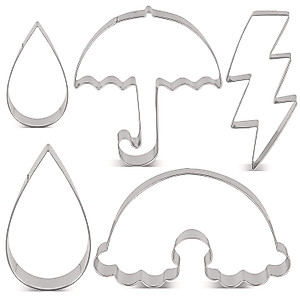 LILIAO Weather Rainy Day Cookie Cutter Set - 5 Piece - Flash, Rainbow, Umbrella, Raindrops Large and Small Size - Stainless Steel