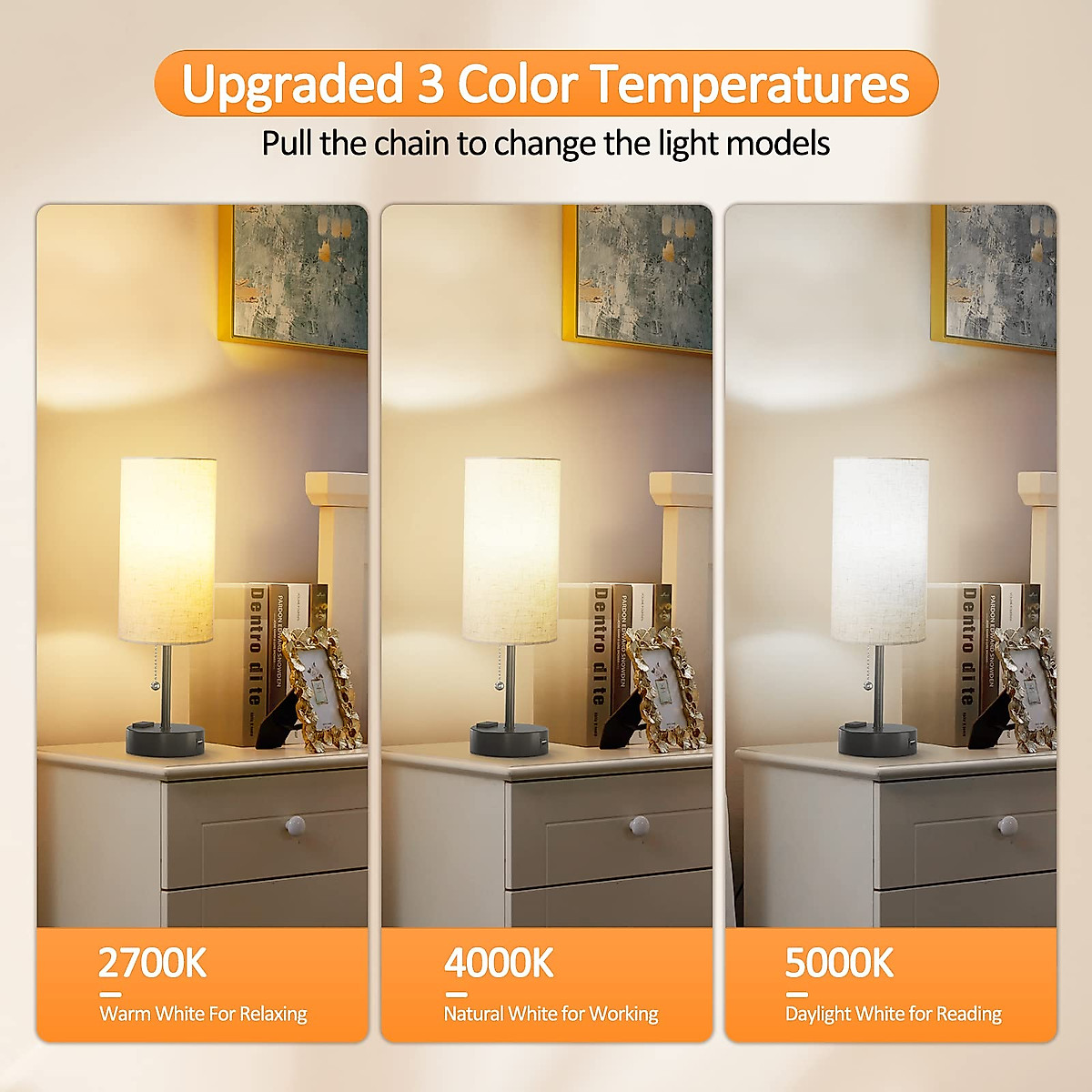 Small Bedside Table Lamp with 3 Color Temperatures, Kids Mini Bedside Lamp, Pull Chain Nightstand End Table Lamp with USB Port & AC Outlet for Bedroom Guestroom Livingroom Dorm, Beige, 1 Pack