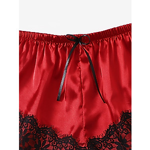 WDIRARA Women' Silk Satin Pajamas Set 4pcs Lingerie Floral Lace Cami Sleepwear with Robe Red Black XL