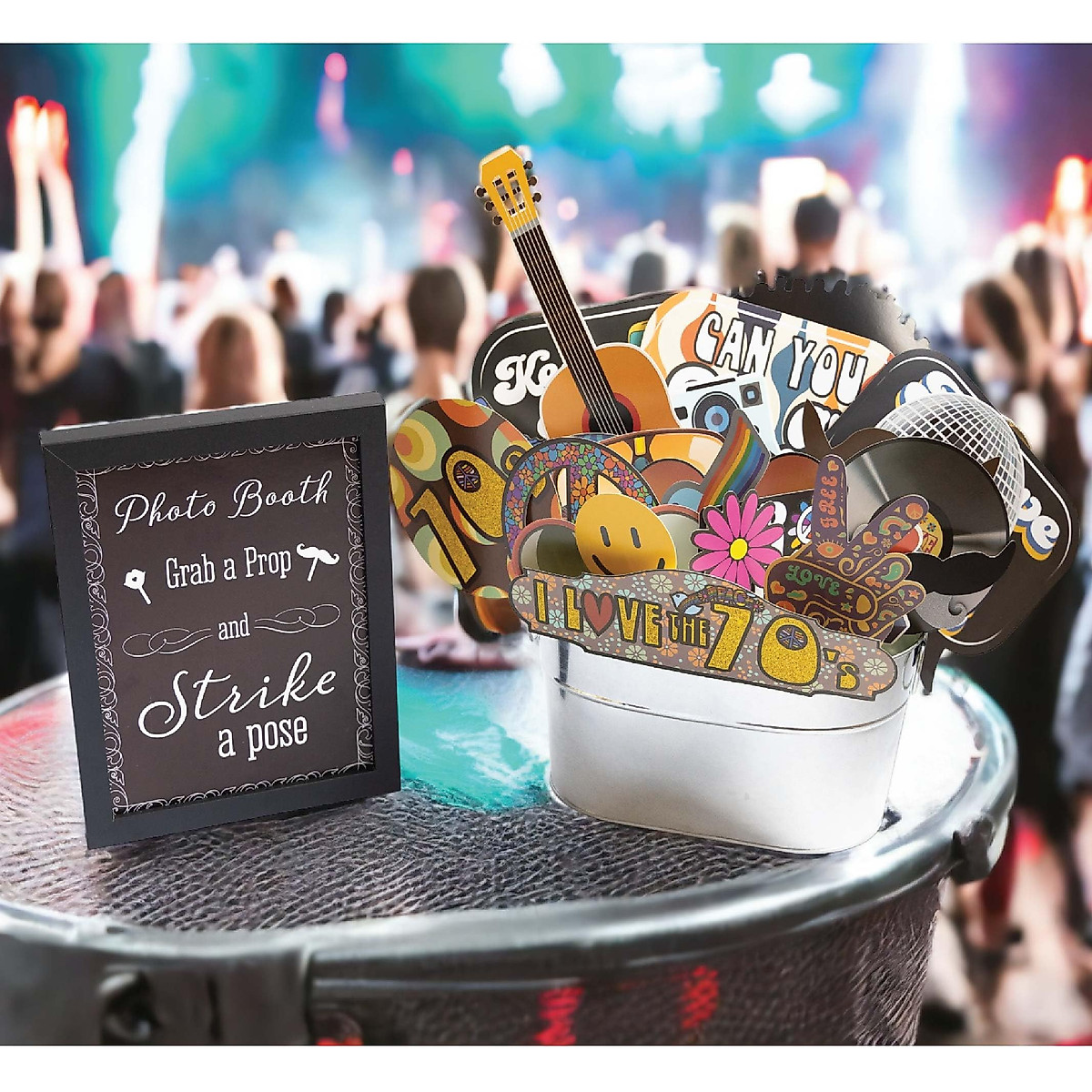 70s Photo Booth Props - 41-pc Disco Photo Booth Kit with 8 x 10-Inch Sign, 60 Adhesive Pads, 45 Sticks - Disco Photo Booth Props - 70's Party Props - 70s Decorations