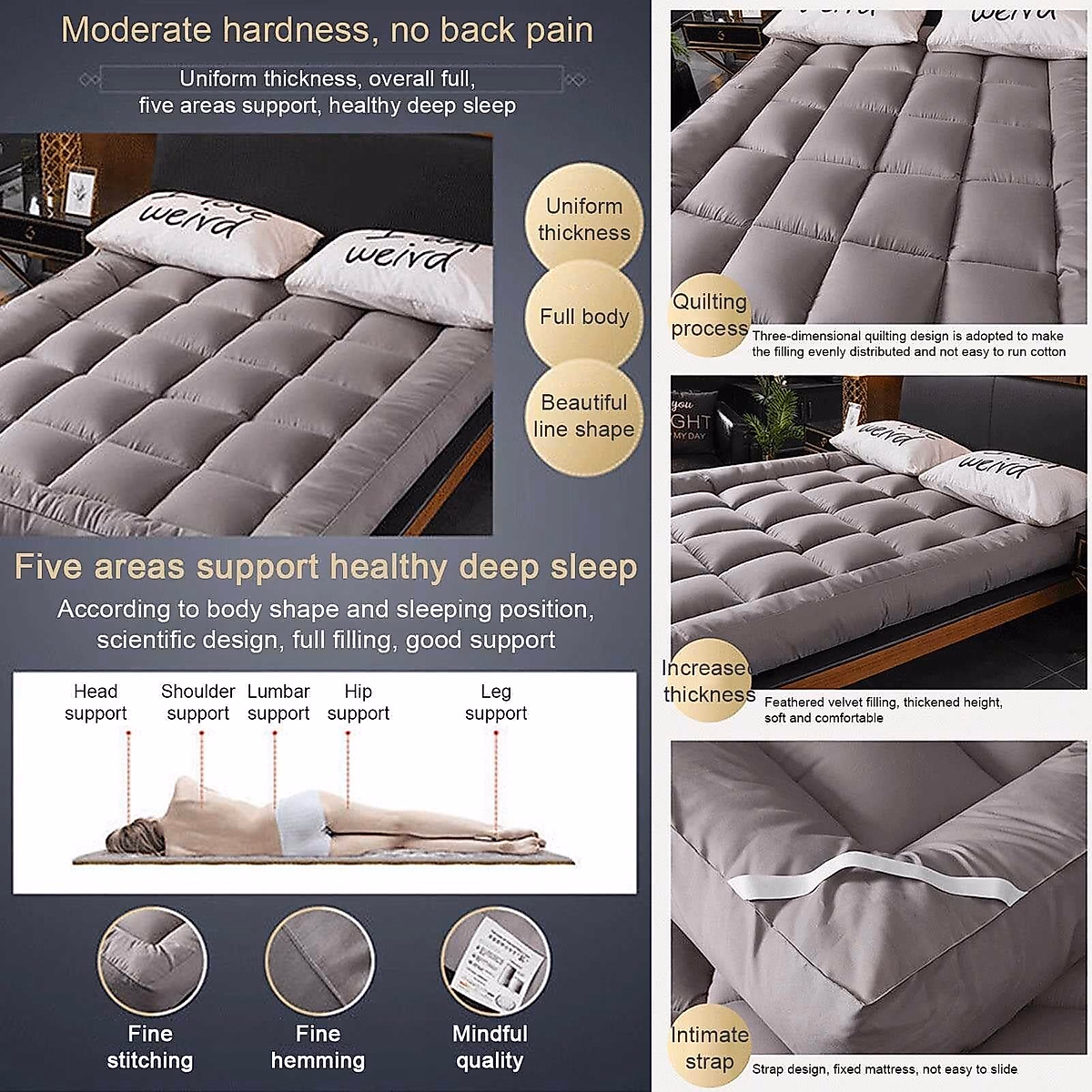 Skin Friendly Japanese Floor Mattress Futon Mattress, Japanese Futon Mattress Foldable Mattress, Roll Up Mattress Tatami Mat with Washable Cover, for Camping, Feather, Twin Full Queen ( Color : GREY ,