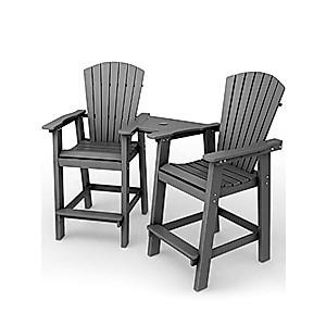 KINGYES Balcony Chair Tall Adirondack Chair Set of 2 Outdoor Adirondack Barstools with Connecting Tray - Patio Stools Weather Resistant for Deck Balcony Pool Backyard, Gray
