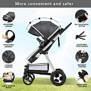 Blahoo Baby Stroller for Newborn, 2 in1 High Landscape Stroller, Foldable Aluminum Alloy Pushchair with Adjustable Backrest.Adjustable Awning, Variable Seat and Recliner(Black)