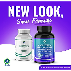 1 Body Magnesium Bisglycinate Supplement, 44 mg Pure Chelated Formula, 120 Capsules, Maximum Absorption, Muscle Cramp Relief