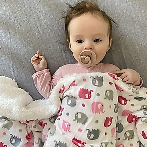 EVERYDAY KIDS Large Ultra Soft Gray and Pink Elephant Minky Baby Blanket for Girls Mink and Sherpa Toddler and Baby Girl Blanket Measures 30 x 40”; Trendy Animal Elephant Baby Nursery Decor