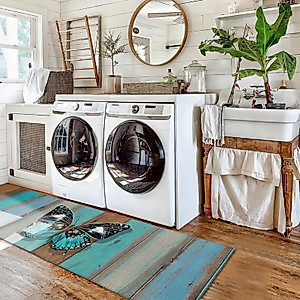 Turquoise Kitchen Mats for Floor Cushioned Anti Fatigue 2 Piece Set Kitchen Runner Rugs Non Skid Washable Wooden Plank Butterfly