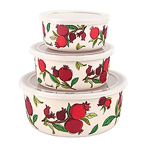 EMANUEL Set of 3 Bamboo Fiber Food Storage Containers - Reusable Storage Lunch Boxes Plastic Lid - Tupperware Pomegranates Design