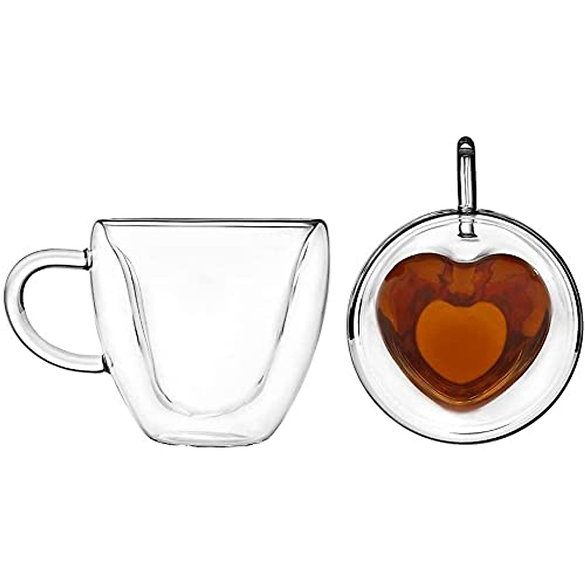 SKEMIX Heart Shaped Mug - Double Glass Coffee Cups With Heart - Double Layer Heart Cup - Heart Shaped Tea Cup - Clear Heart Mug - Heart Shaped Coffee Cup - Glass Heart Mug - Heart Shape Tea Cups