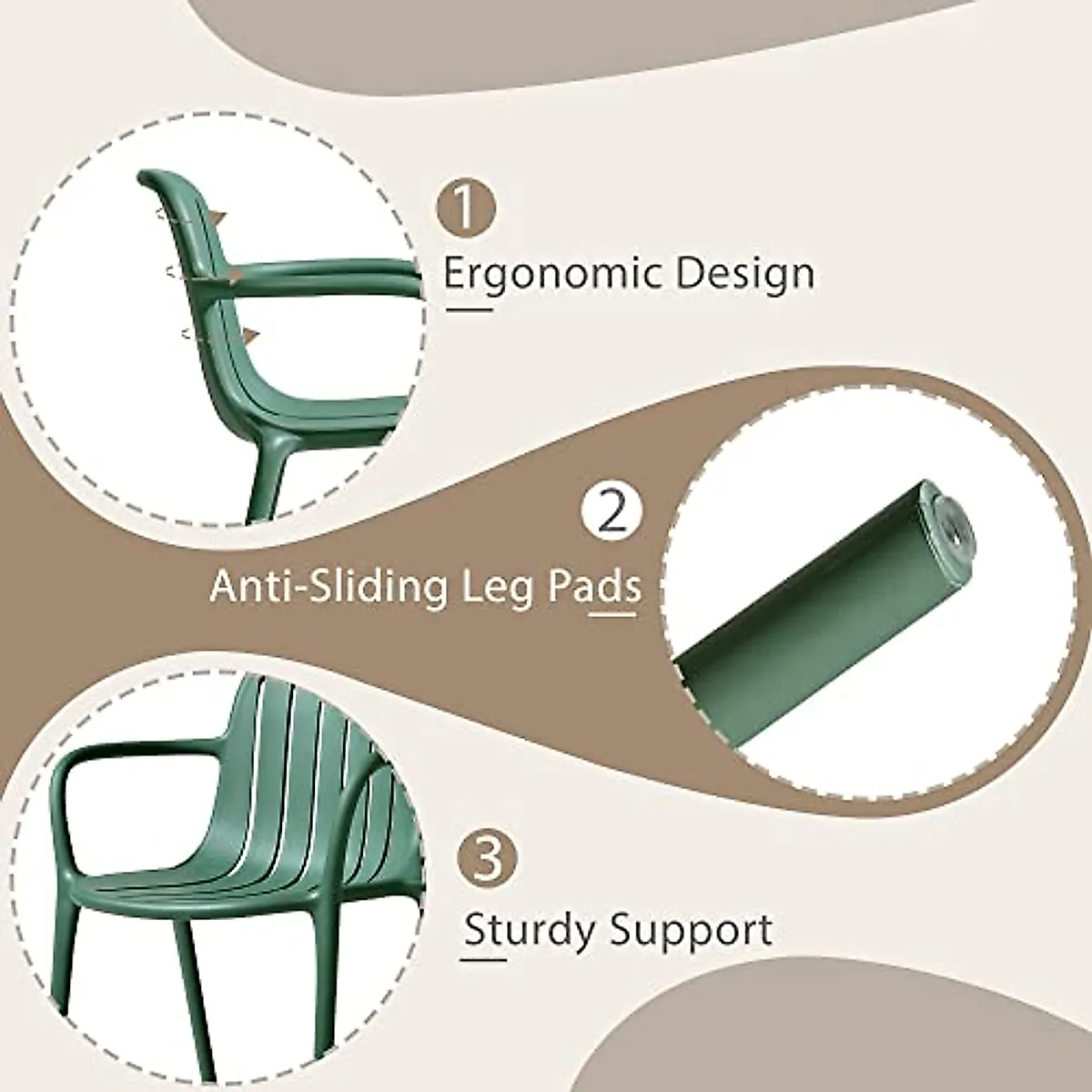 LESHI Dining Chair with Armrests Backrest Plastic Chairs Bar Breathable Design Simple Art Style for DiningRoom Bedroom Living Room Patio Indoor Outdoor (Set of 2, Dark Green)