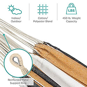 Best Choice Products 2-Person Double Hammock with Stand Set, Indoor Outdoor Brazilian-Style Cotton Bed for Backyard, Camping, Patio w/Carrying Bag, Steel Stand, 450lb Weight Capacity - Desert Stripes
