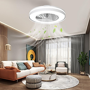 Ceiling Fan with Lights Remote Control,Dimmable Fan Lighting, 20'' Enclosed Bladeless Fan, Semi Flush Mount,2.4GHz Wi-Fi Bluetooth & App Controlled Works with Alexa and Google Assistant (Matte White)